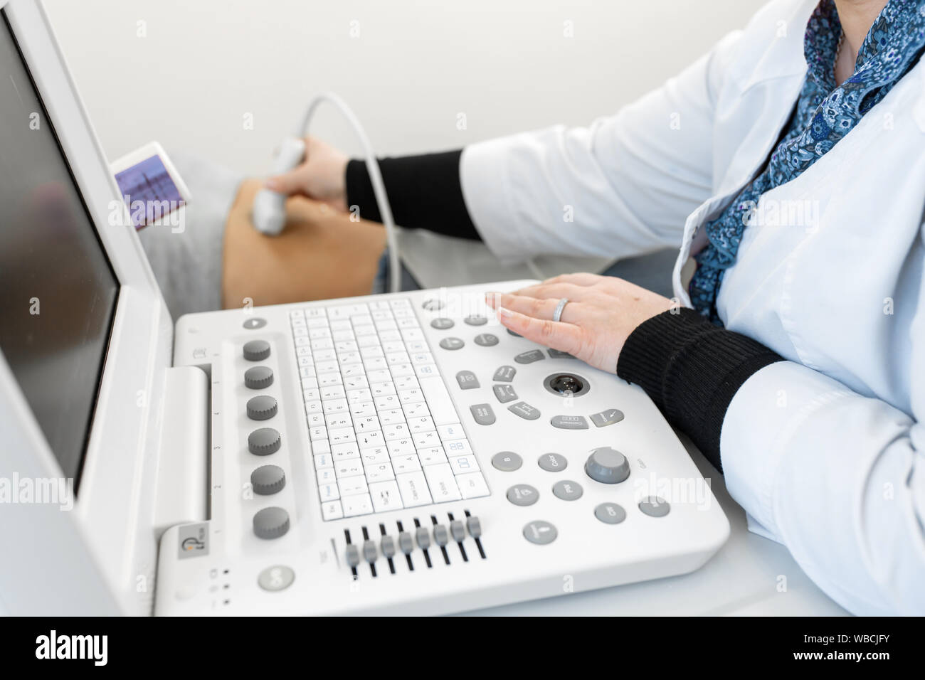 The doctor is preparing to conduct ultrasound research. smears the gel ...