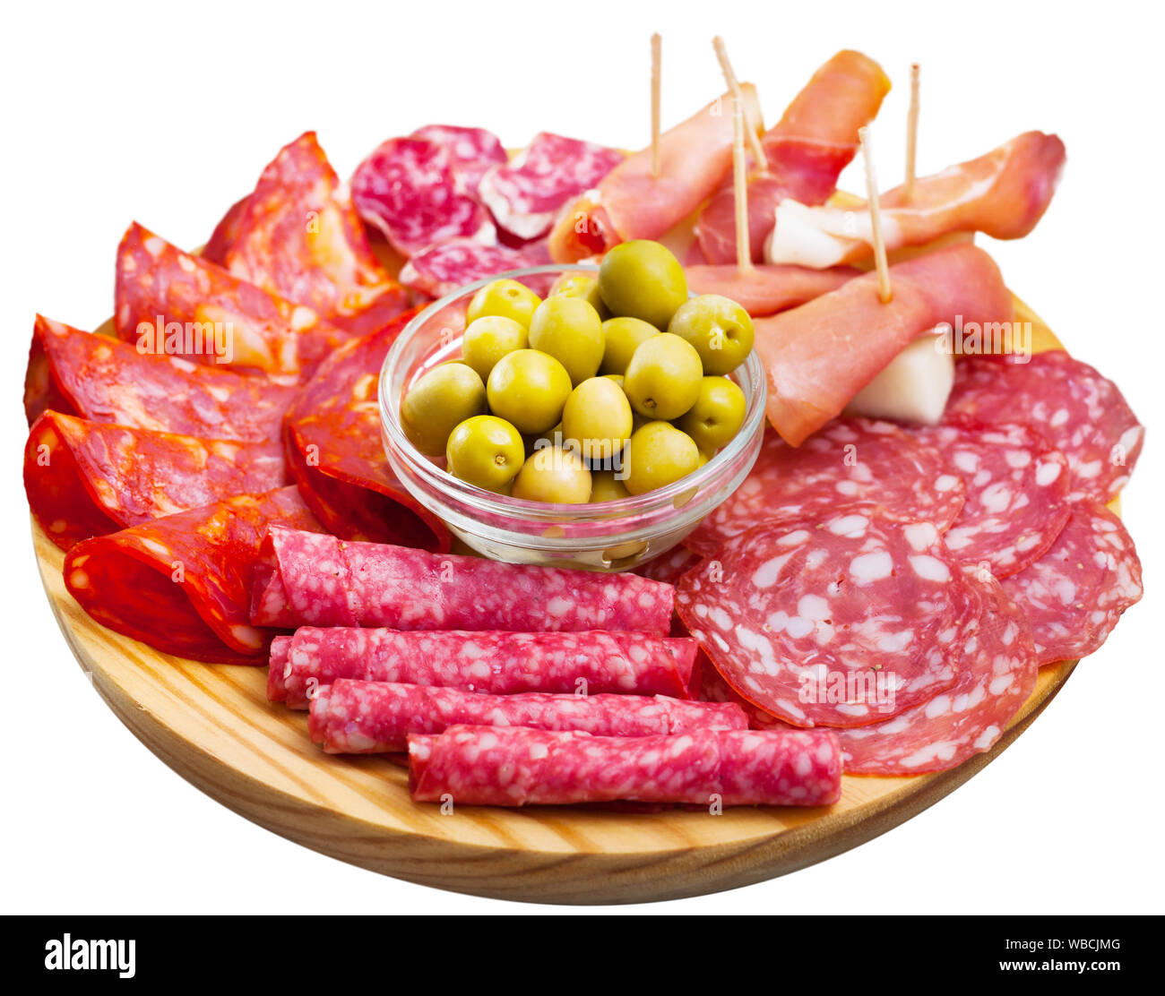 Cold smoked meat plate with traditional Spanish chorizo, fuet and ...