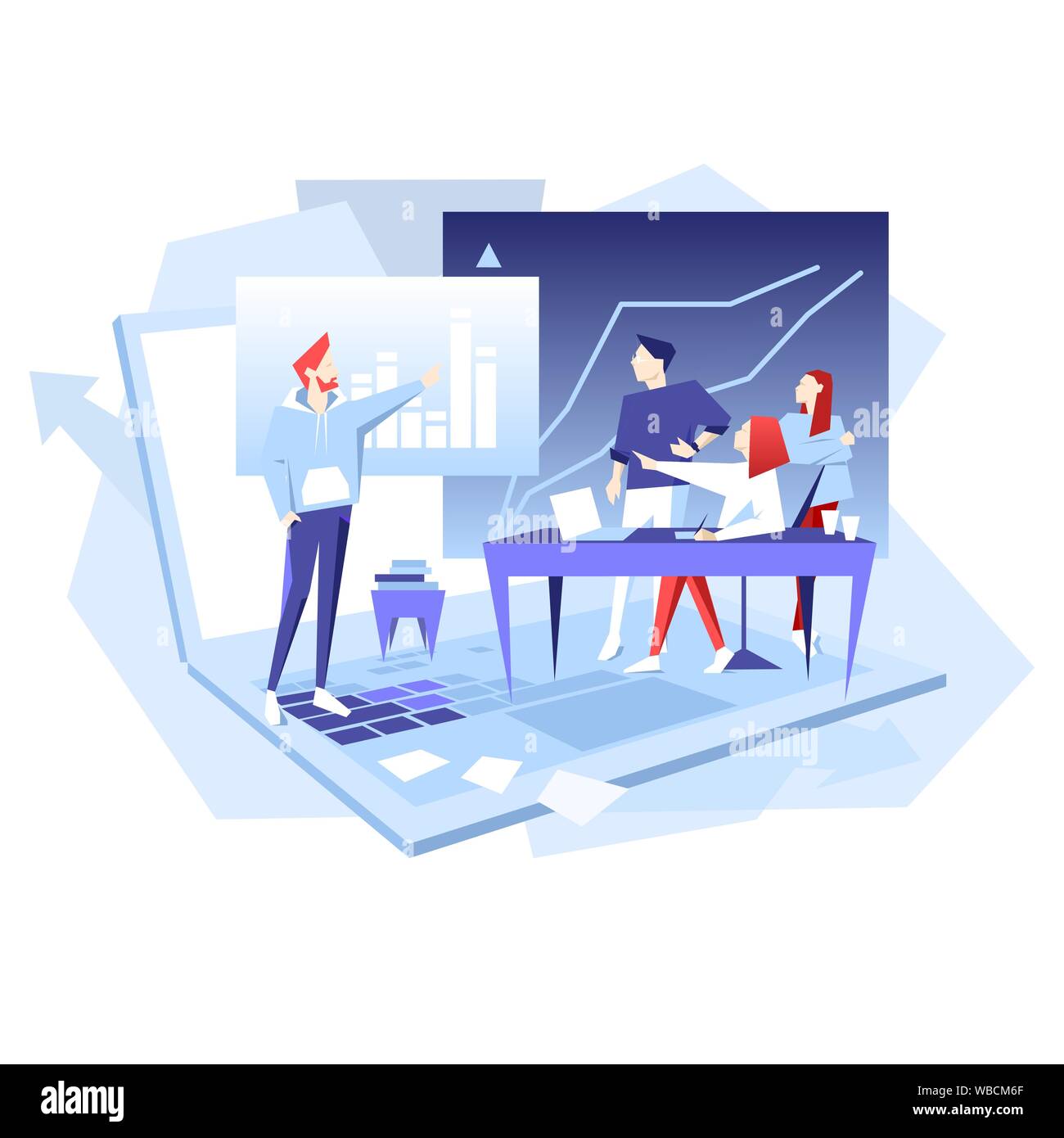 Teamwork business vector flat illustration. Man point on chart. Banner ...