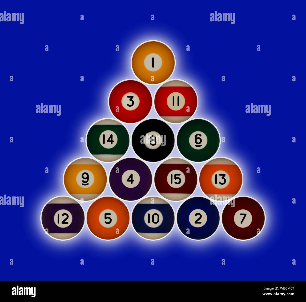 Pool balls numbered 1-15 in a triangle formation on a blue background ...