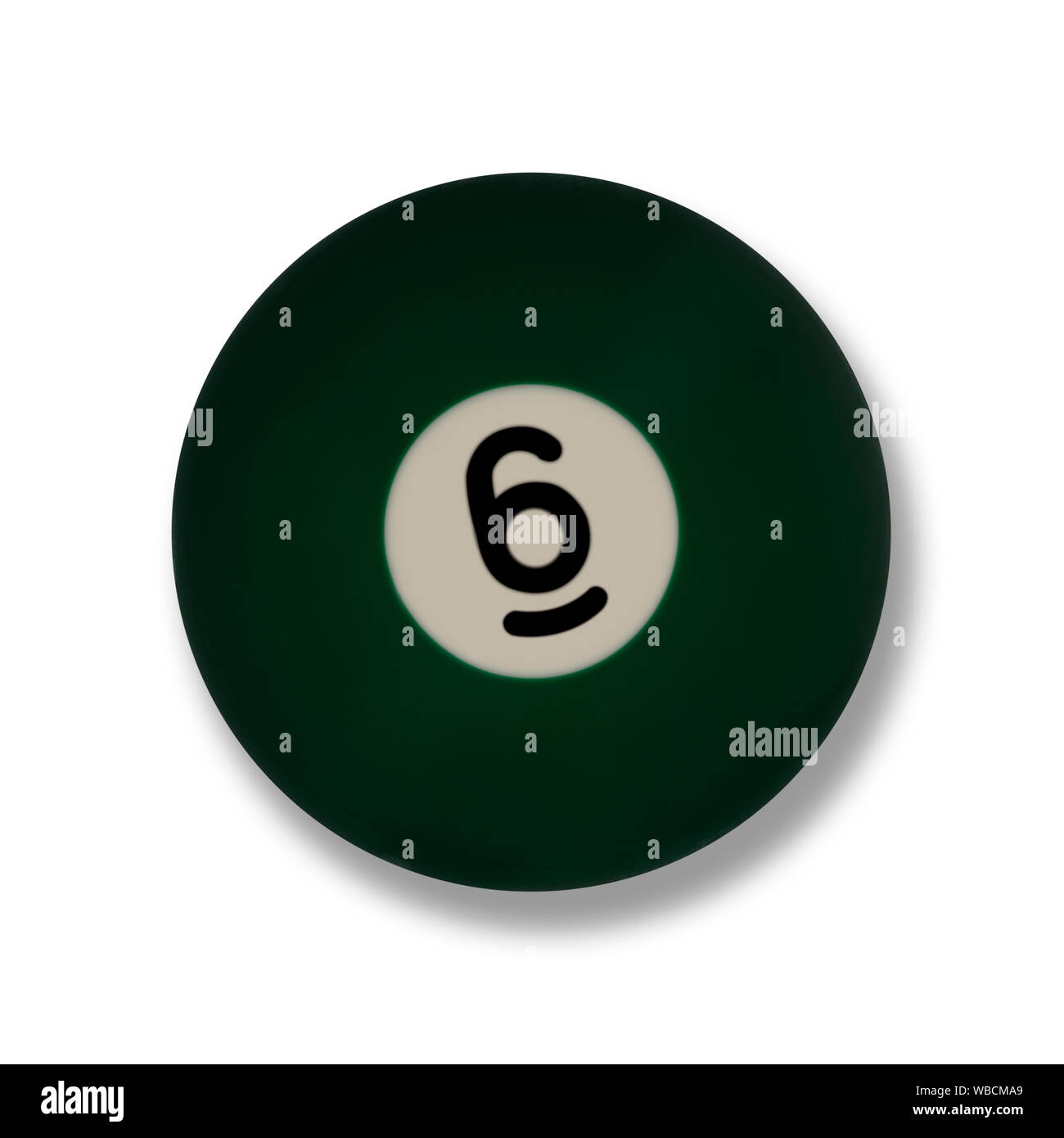 Isolated number 6 green pool ball, with drop shadow on a white ...