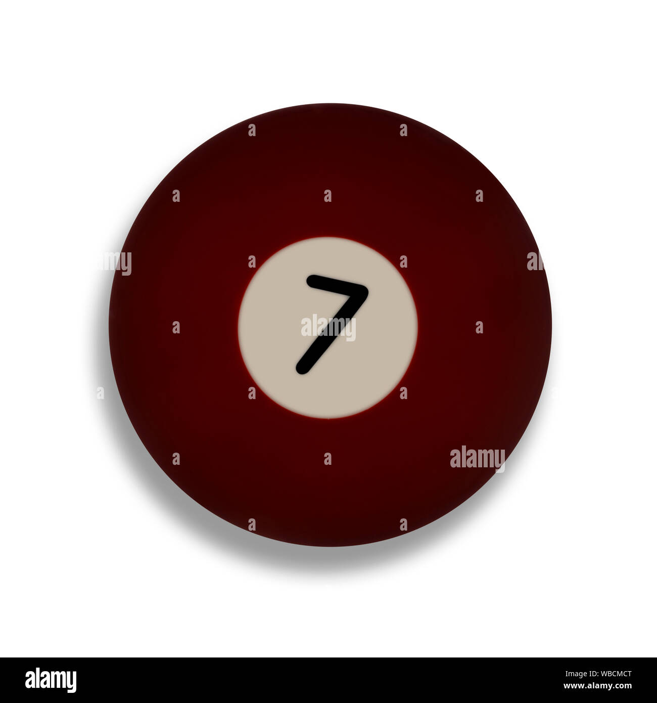 Isolated number 7 maroon pool ball, with drop shadow on a white ...