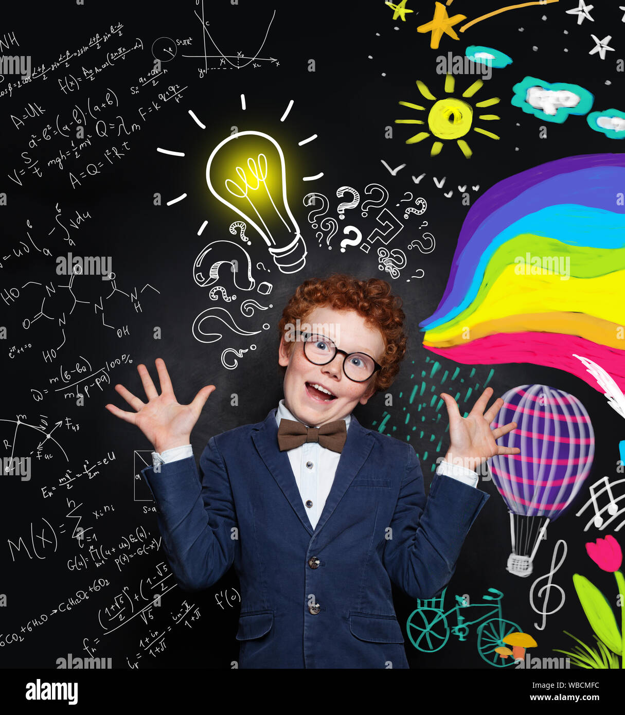 Funny curious kid and hand drawn doodle school background Stock Photo ...