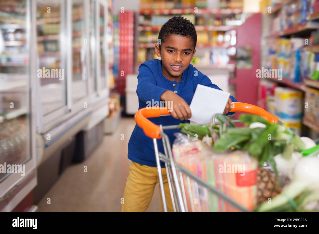 Positive African American tween boy carrying purchases in trolley ...