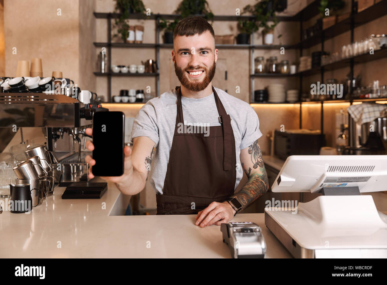 Smiling attractive man barista standing behind the counter at the ...