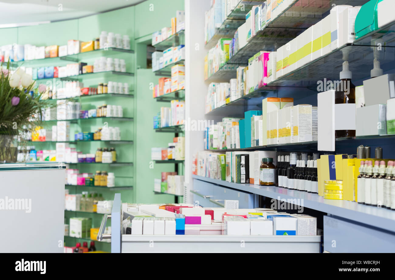 picture of the shelves with medicines in the pharmacy Stock Photo - Alamy