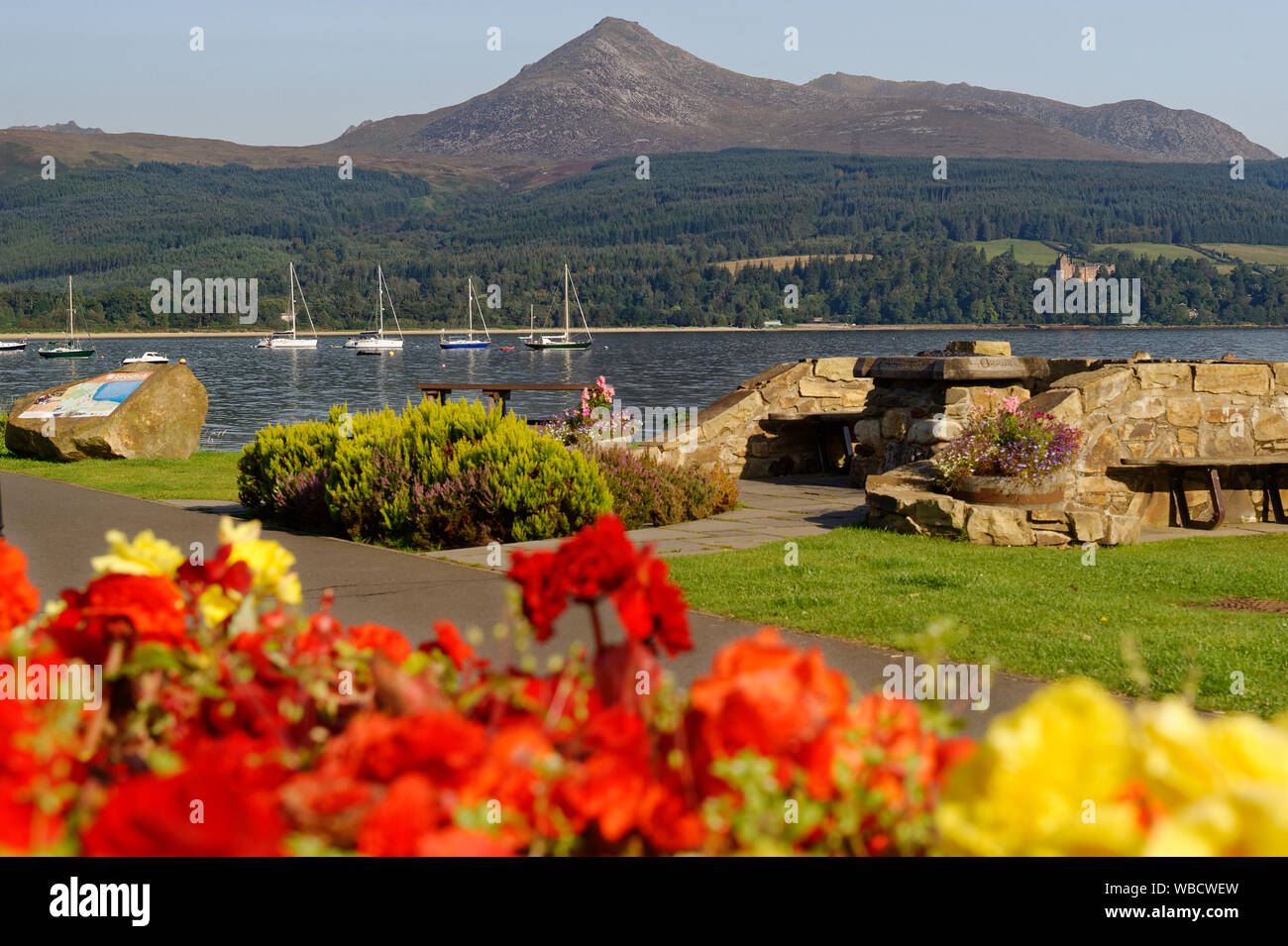 Summer flower displays on the seafront of Brodick, Isle of Arran ...