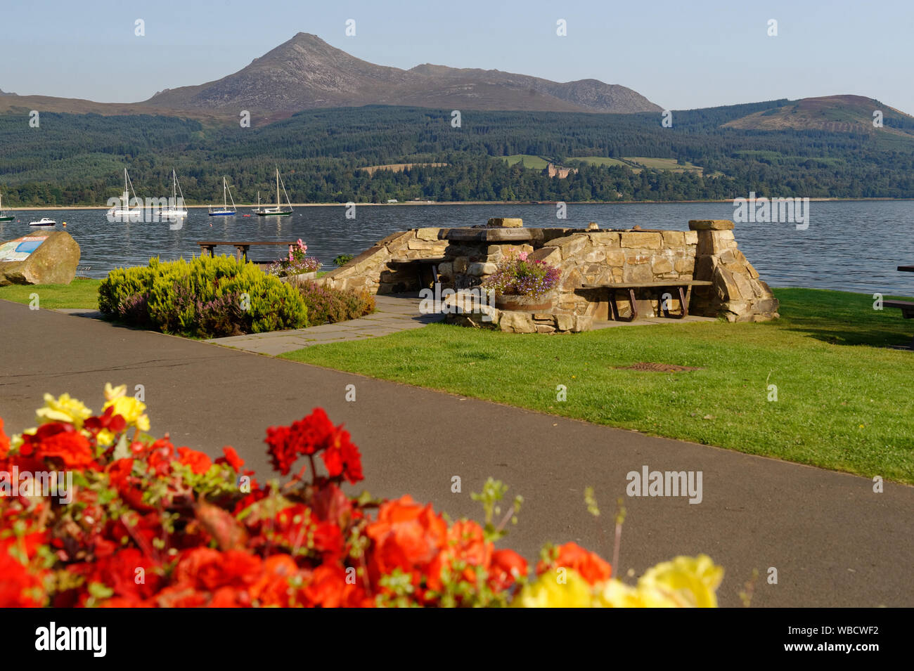 Summer flower displays on the seafront of Brodick, Isle of Arran ...