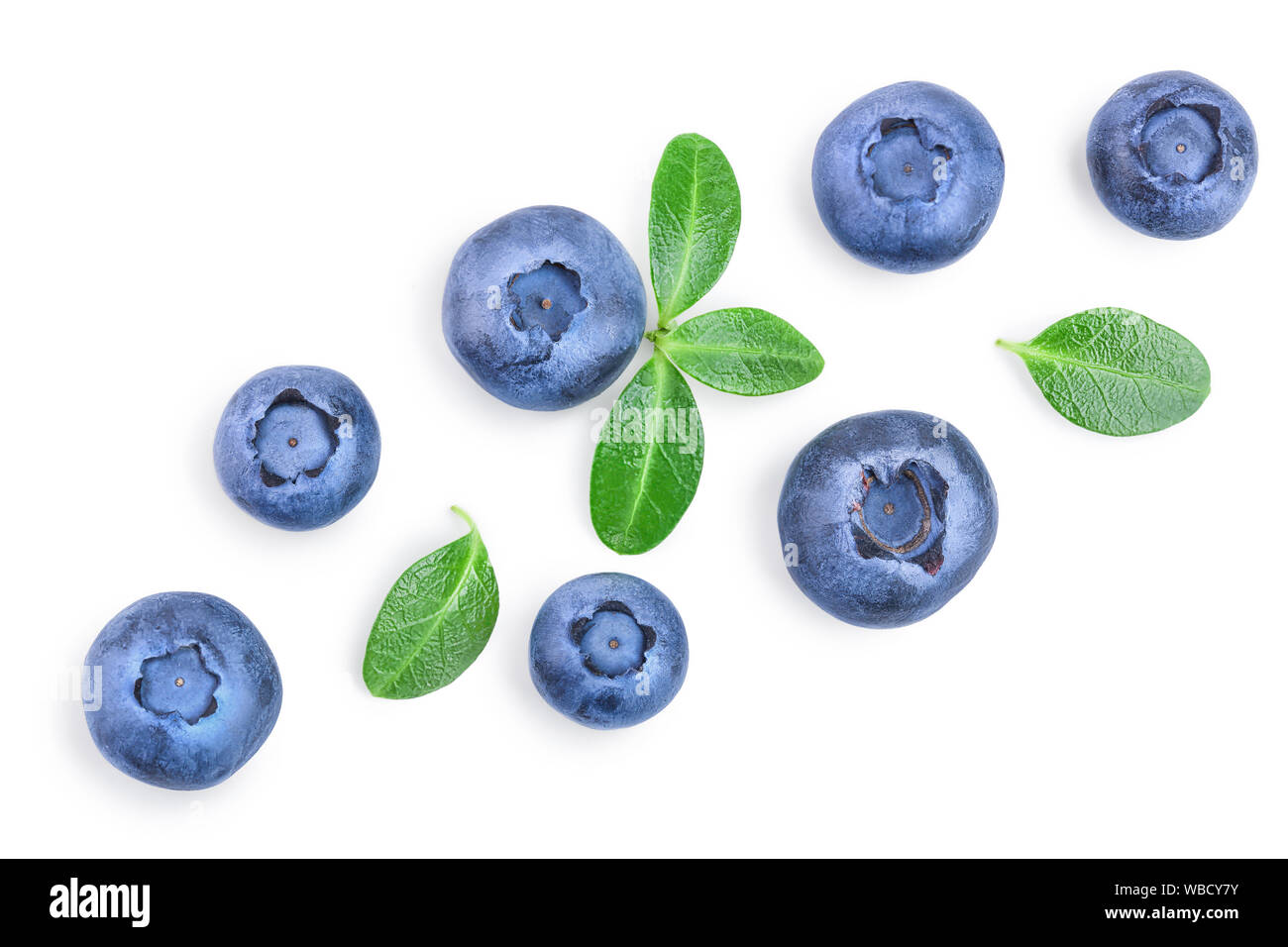 fresh ripe blueberry with leaves isolated on white background. Top view ...