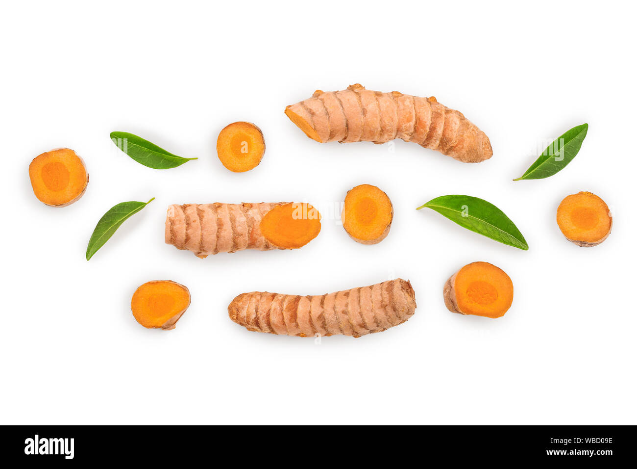 Turmeric root and slice isolated on white background. Top view. Flat ...