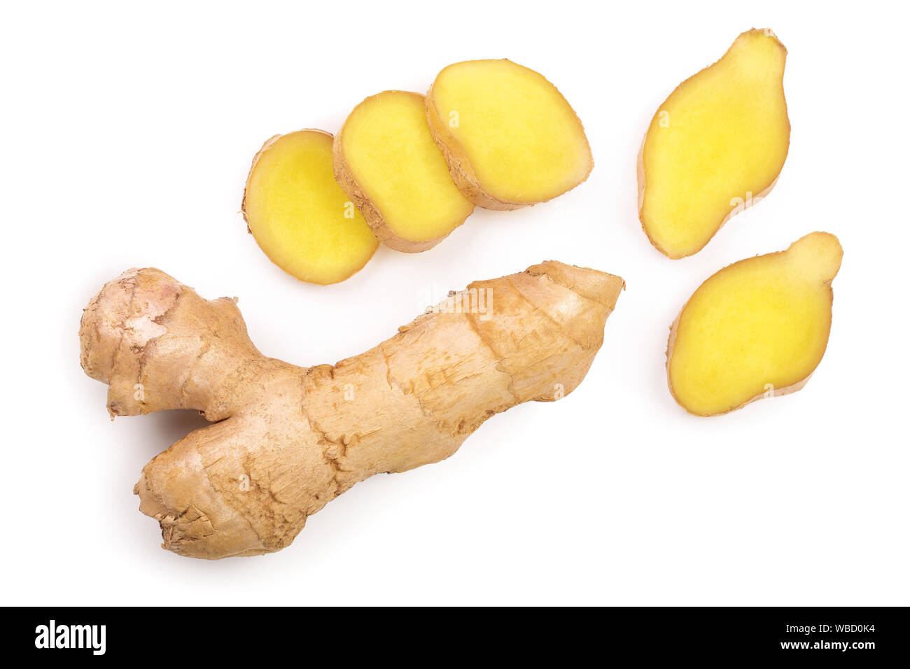 fresh Ginger root and slice isolated on white background. Top view ...