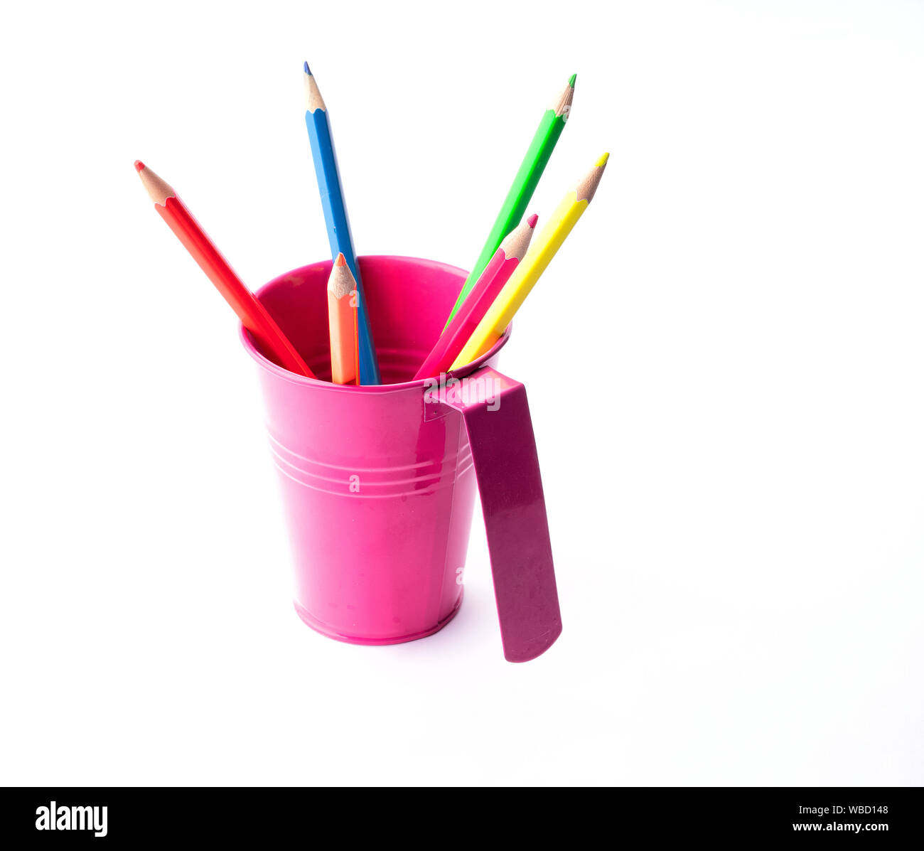 Colorful pencils in pail isolated on white. Creative idea for drawing ...