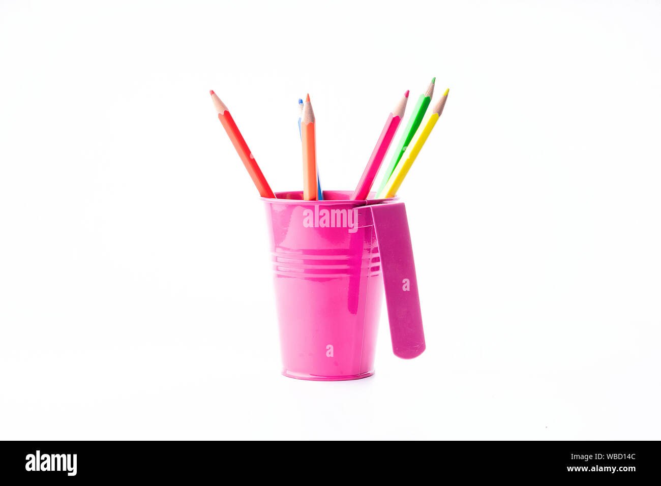Colorful pencils in pail isolated on white. Creative idea for drawing ...