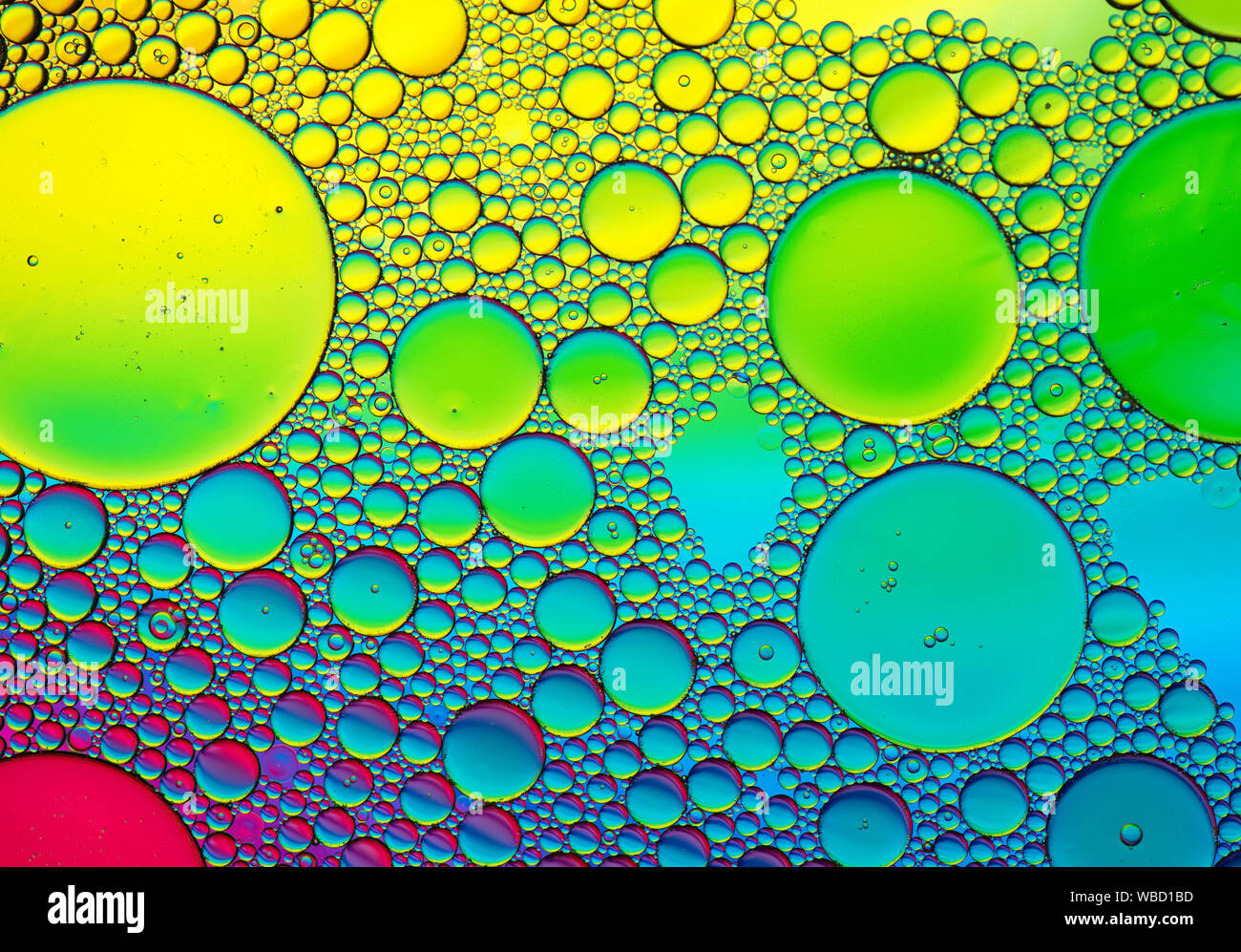 Multi-coloured bubble patterns formed by oil floating on water Stock ...