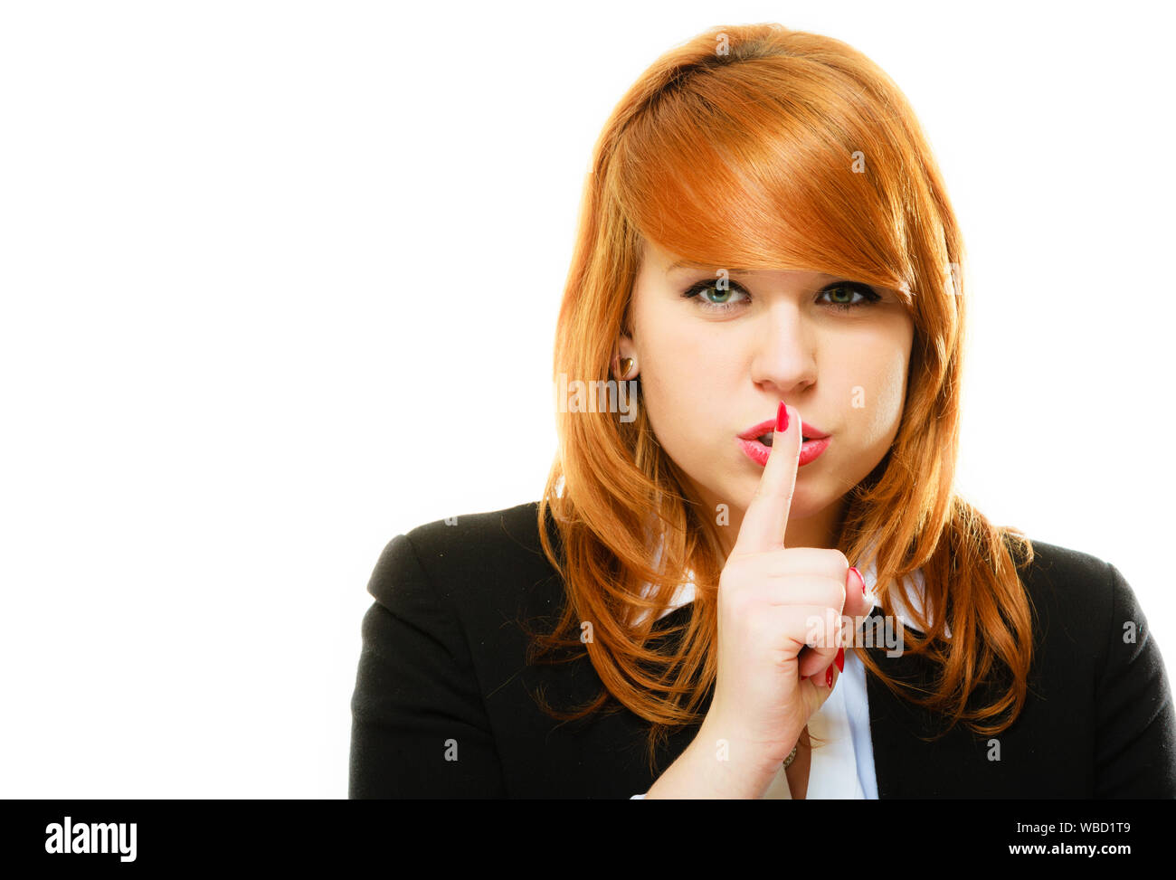 Business Woman Redhaired Girl Asking For Silence Or Secrecy With Finger