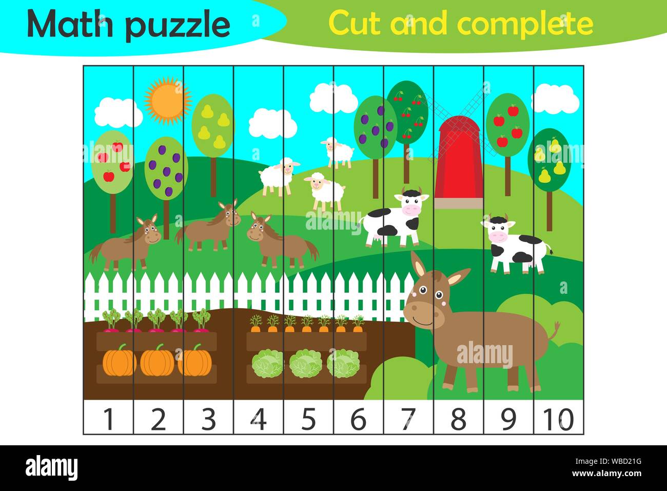 Math puzzle, farm animals and garden in cartoon style, education game ...