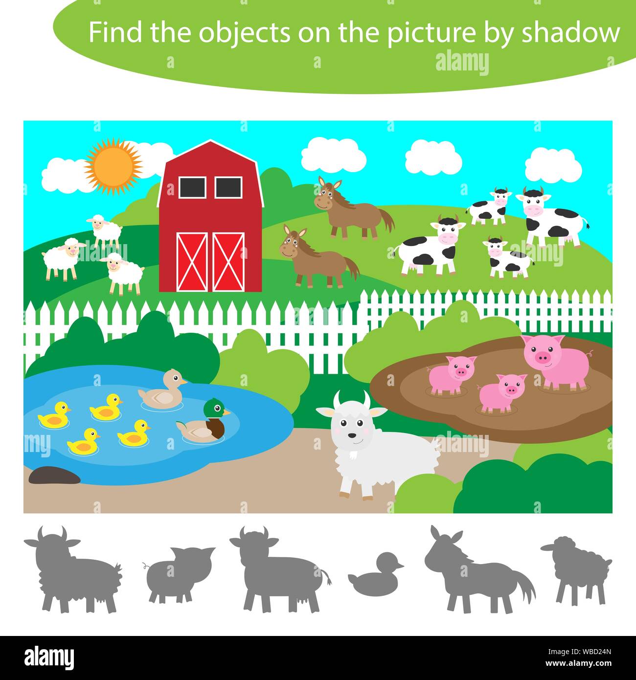 Find the objects by shadow, game for children farm with animals in ...