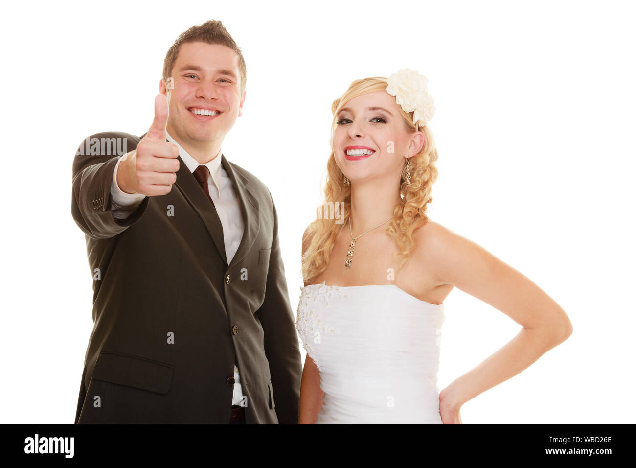 Wedding day. Portrait of happy couple bride and groom showing thumb up ...