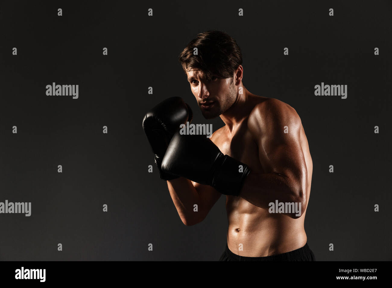 Image of a serious handsome young sportsman boxer in gloves make ...