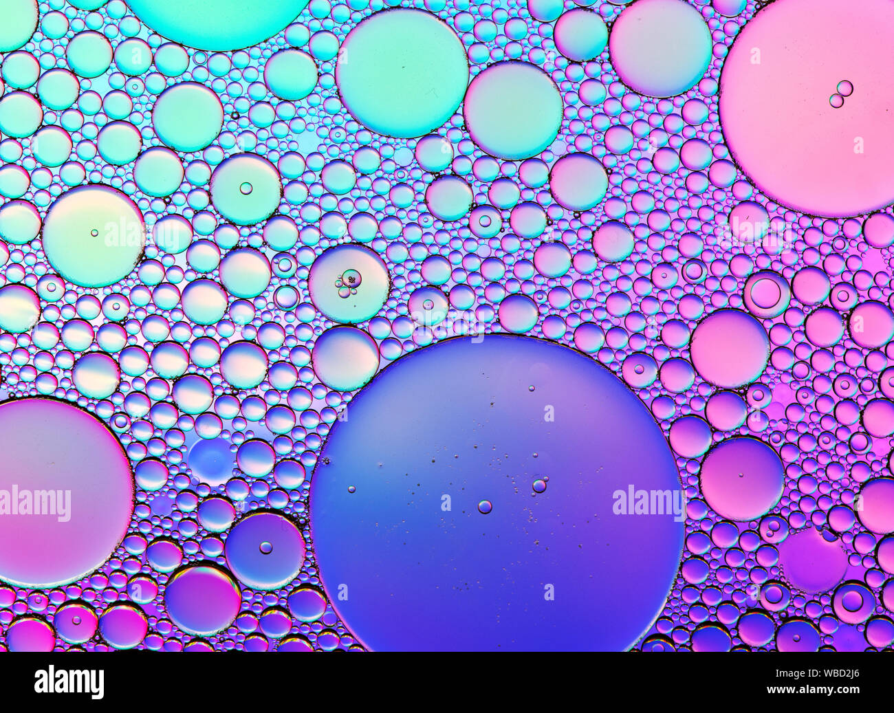 Multi-coloured bubble patterns formed by oil floating on water Stock ...