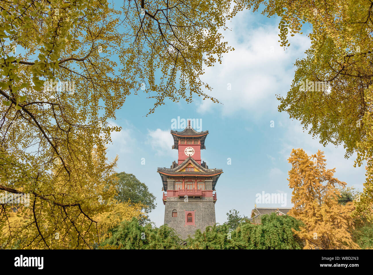 Clock Tower in Huaxi campus of Sichuan University at autumn time Stock ...