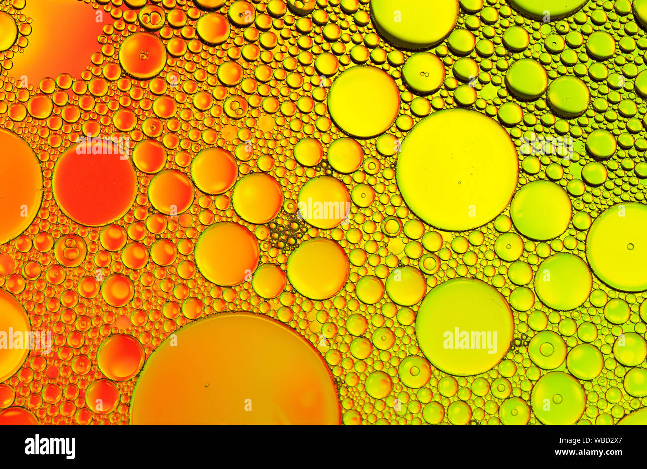 Multi-coloured bubble patterns formed by oil floating on water Stock ...