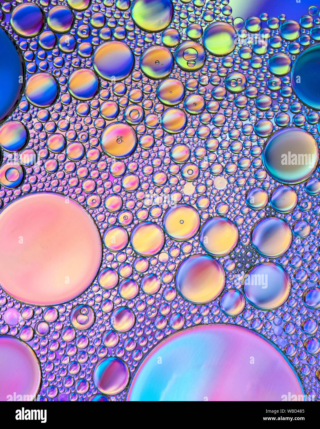 Multi-coloured bubble patterns formed by oil floating on water Stock ...