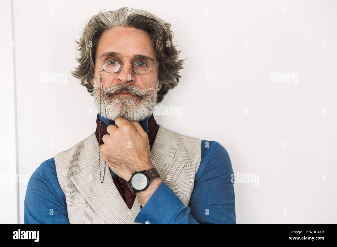 Image of unshaven adult professor man wearing stylish suit and ...