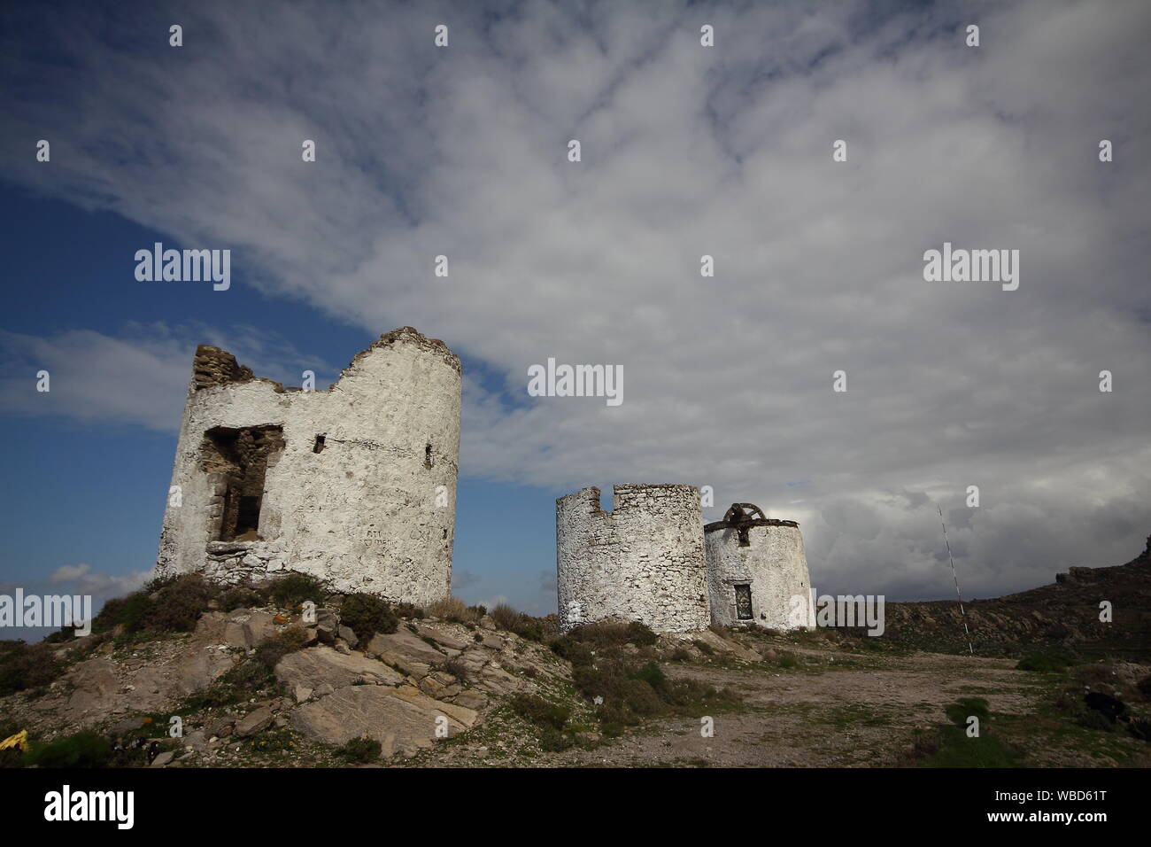 A wide angle shot from the base of an abandoned windmill Stock Photo ...