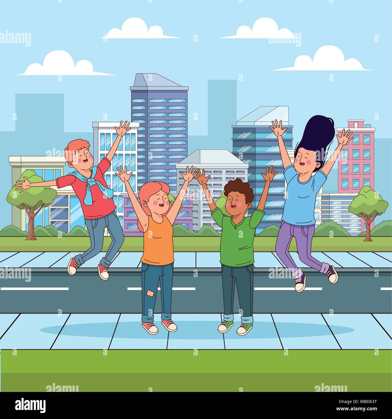 Friends jumping having fun Stock Vector Images - Alamy