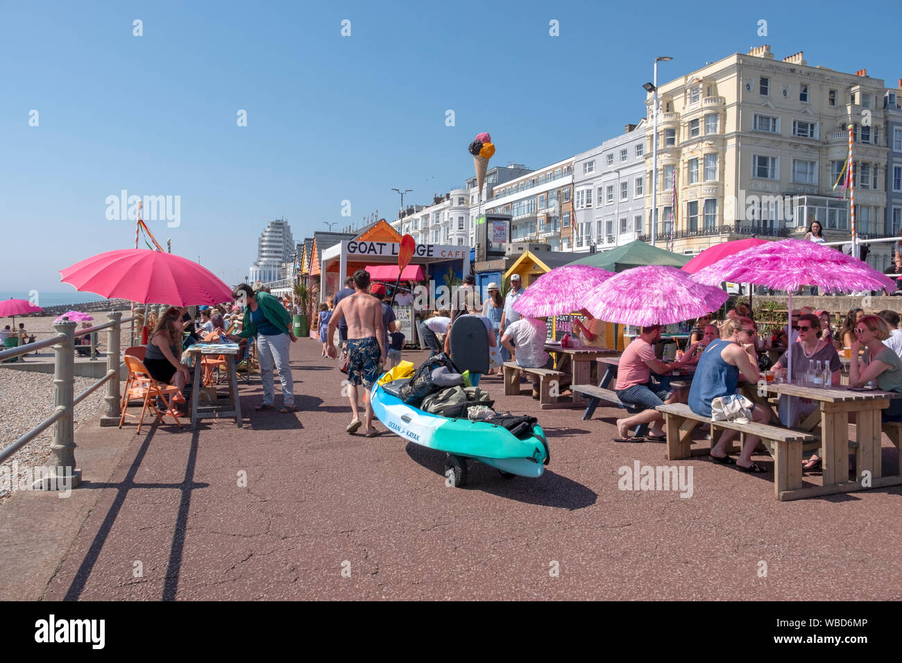 Cafes at Goat Ledge on St Leonards-on-Sea seafront promenade, East ...