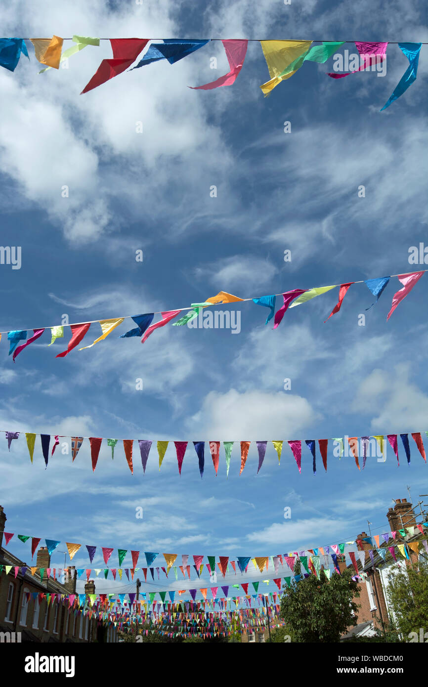 bunting hung in anticipation of a street party in twickenham, middlesex ...