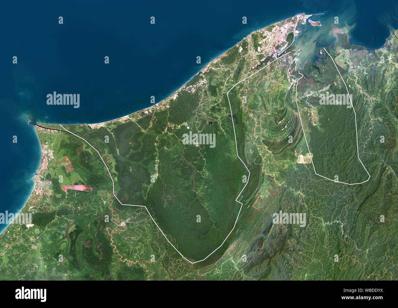 Color satellite image of Brunei (with administrative boundaries), a ...