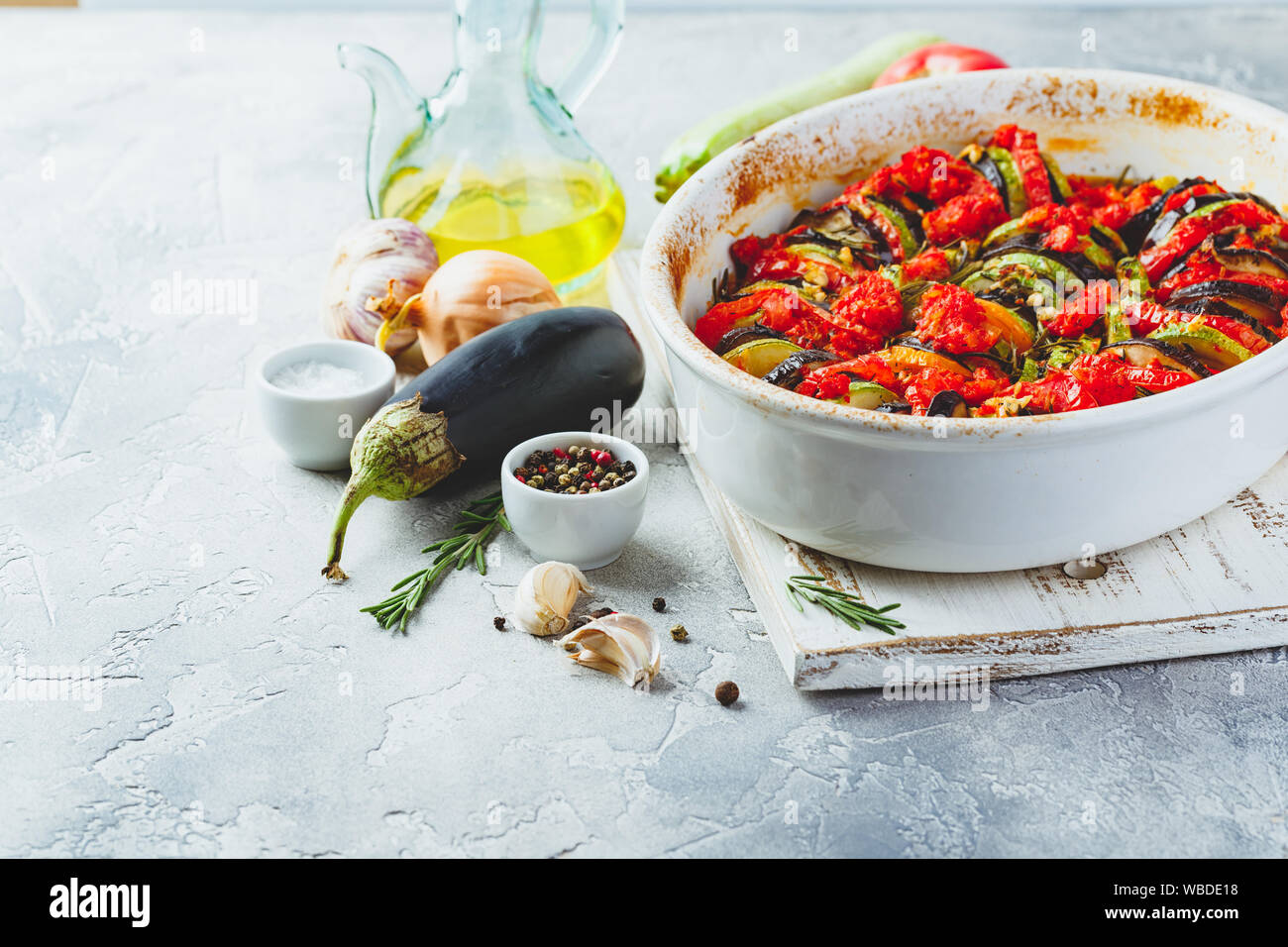 Vegetarian ratatouille from eggplants, zucchini, tomatoes and bell ...