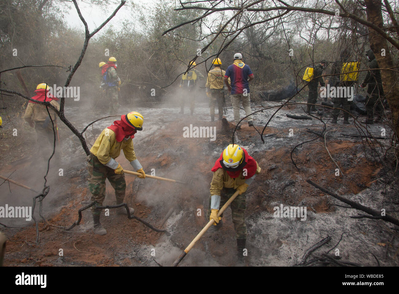 San Juan, Bolivia. 25th Aug, 2019. Fire department units are working on ...