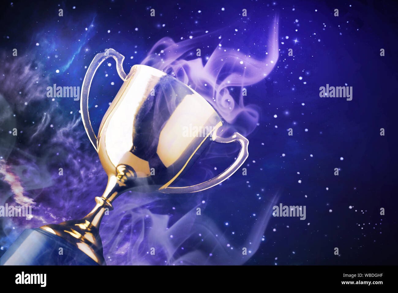 Winner trophy with violet smoke and background abstract star and galaxy ...
