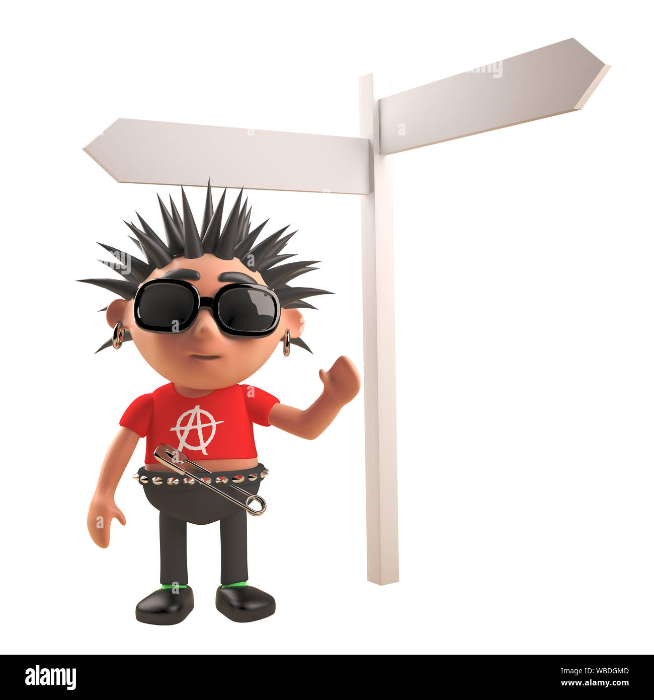 3d punk rock cartoon character standing next to a blank crossroads sign ...