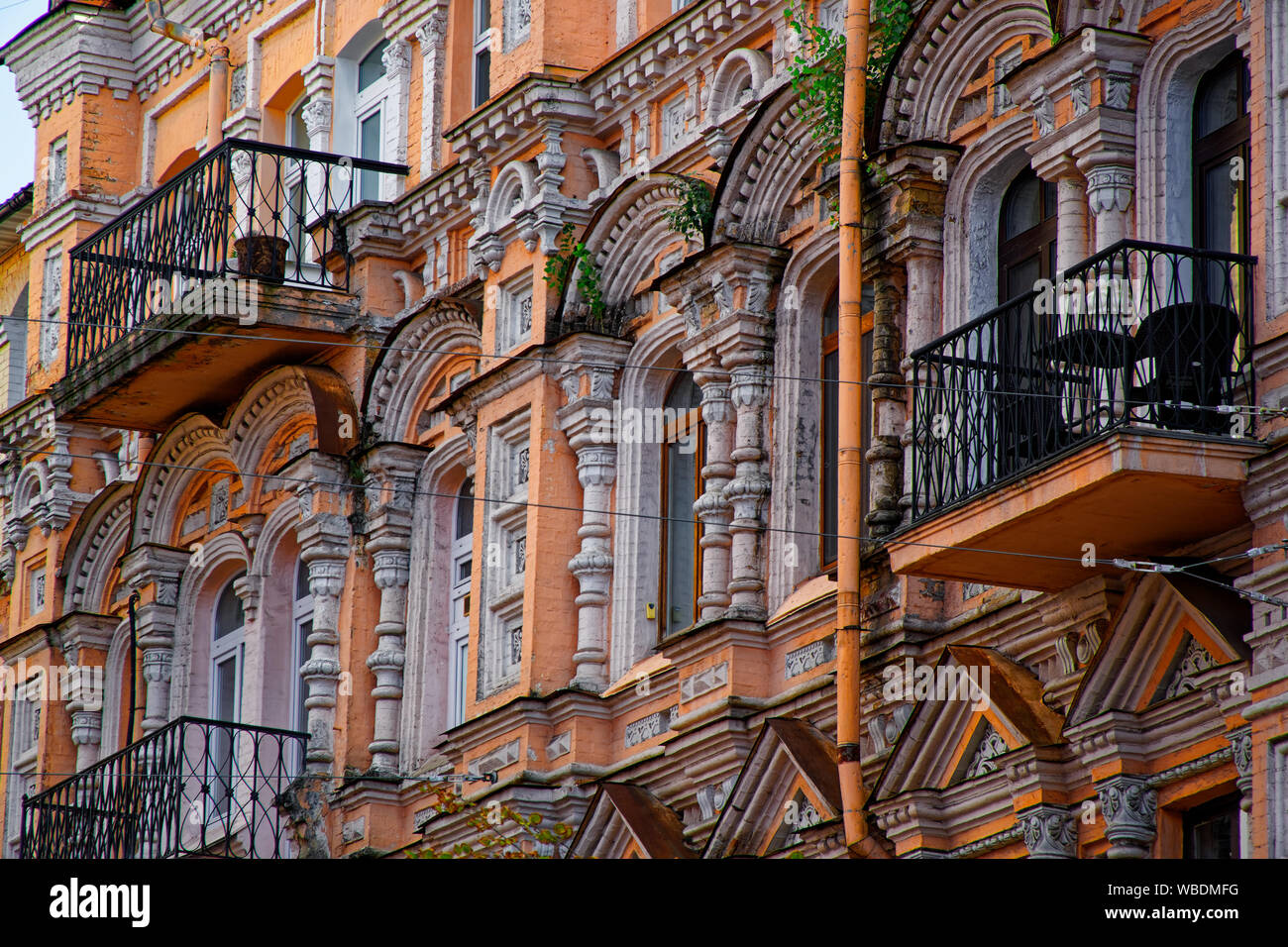Angle of antique building with balcony. Architecture large building of ...