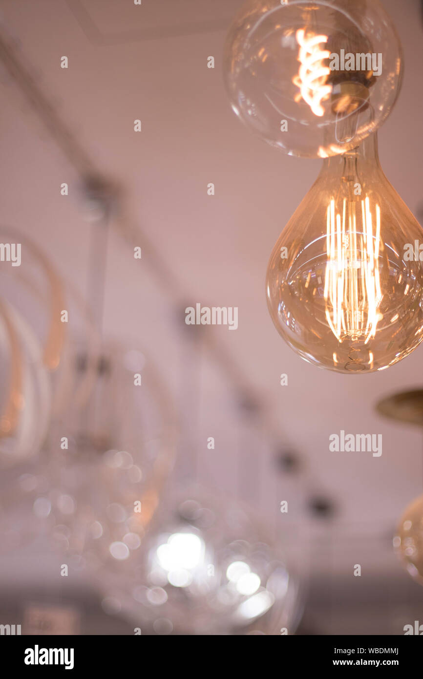 LED modern lights and bulbs on display in store lighting department ...