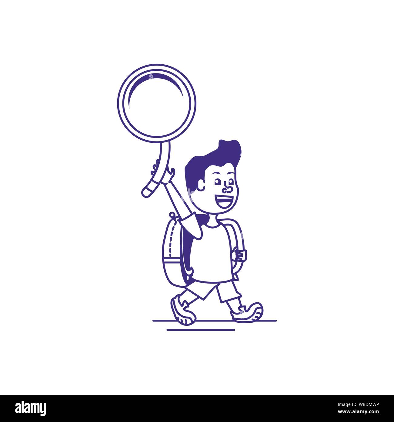 cute little student boy with magnifying glass vector illustration ...