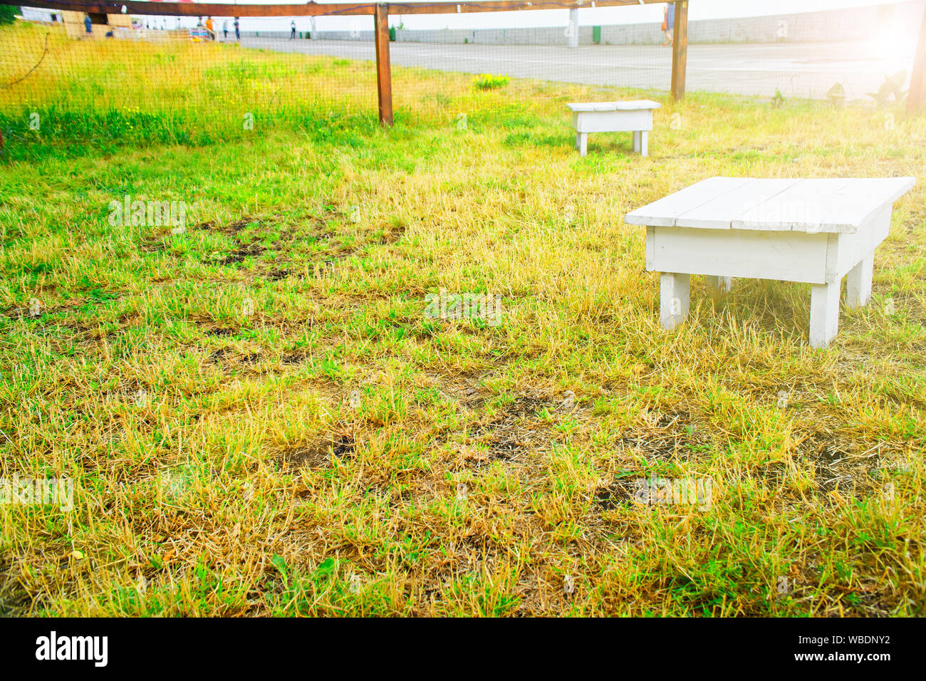 Outdoor garden dining table on green grass Stock Photo - Alamy