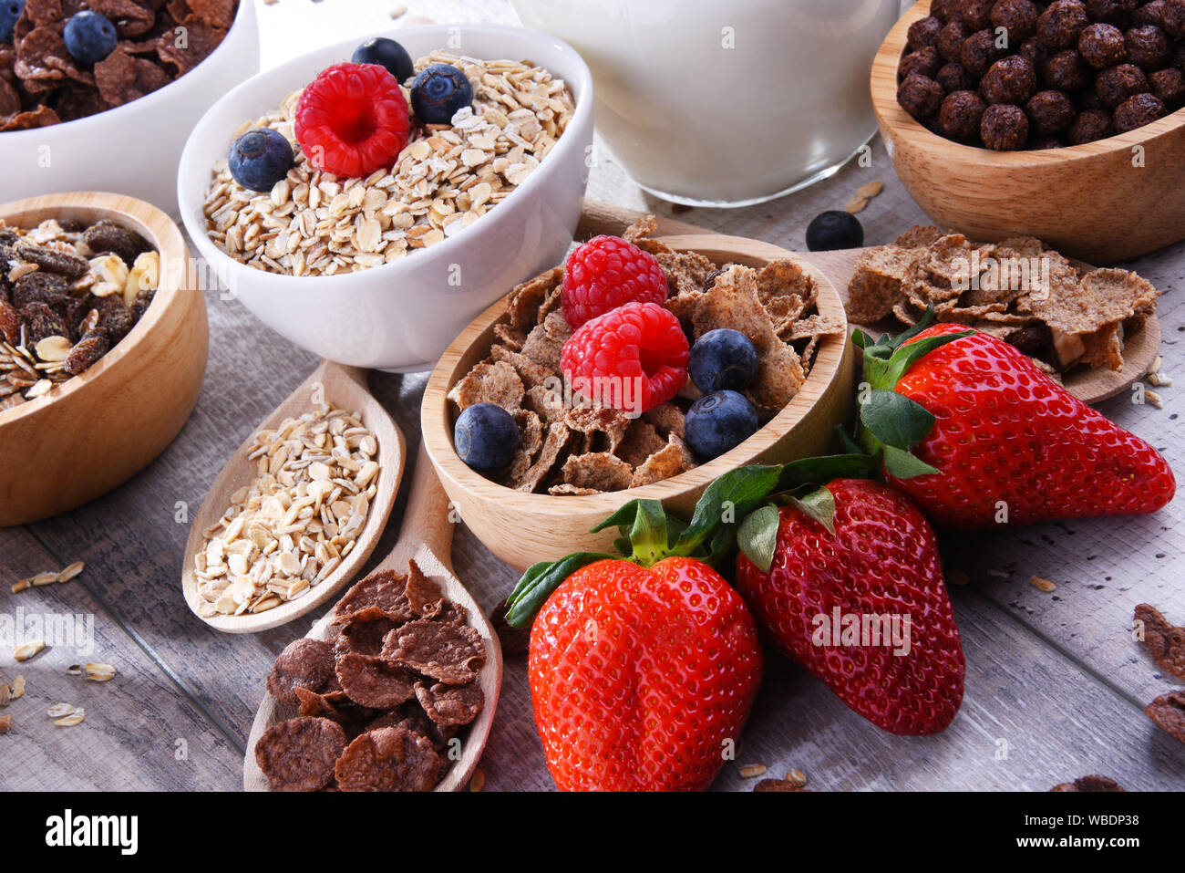 Bowls containing different sorts of breakfast cereal products Stock ...