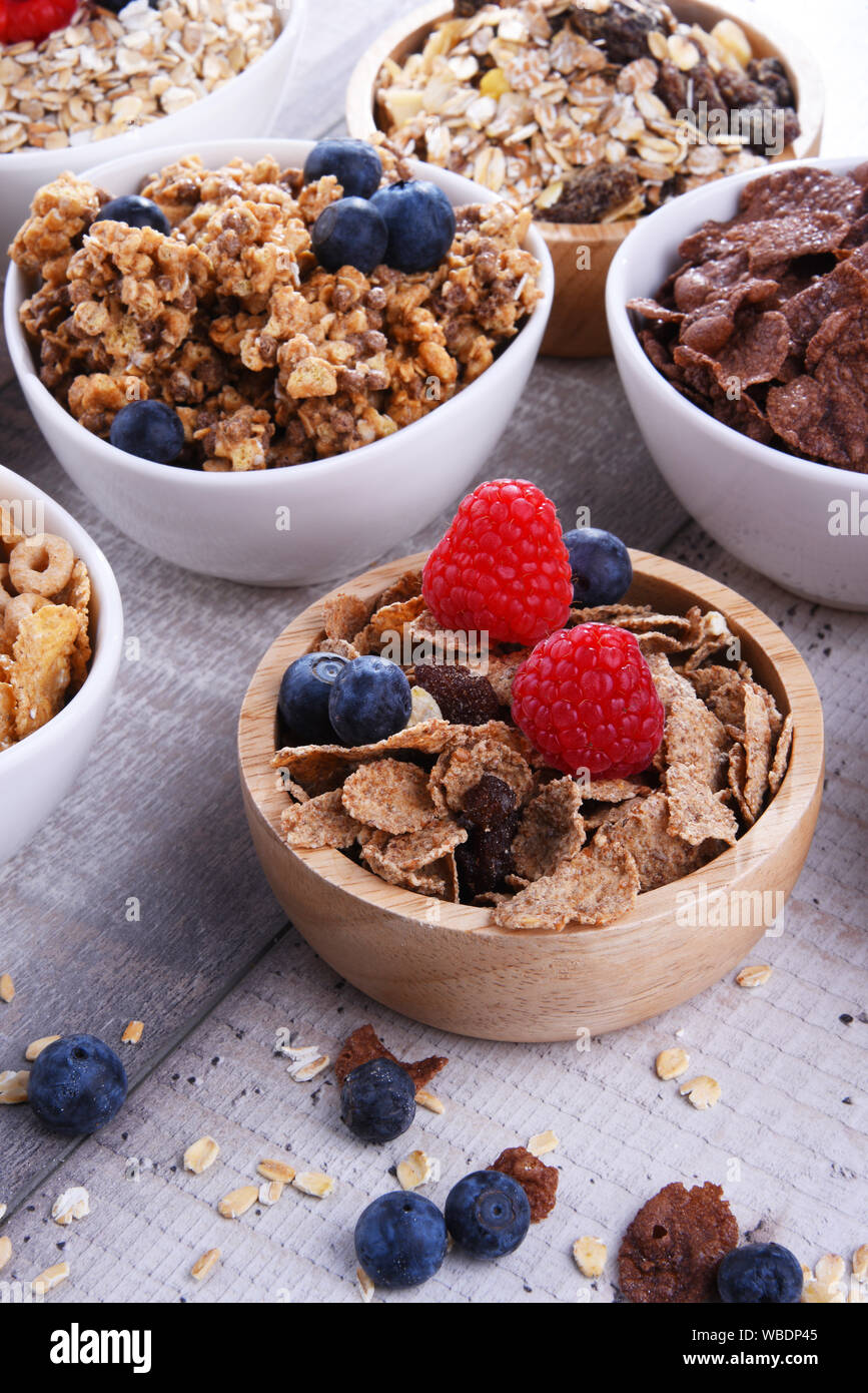 Bowls containing different sorts of breakfast cereal products Stock ...