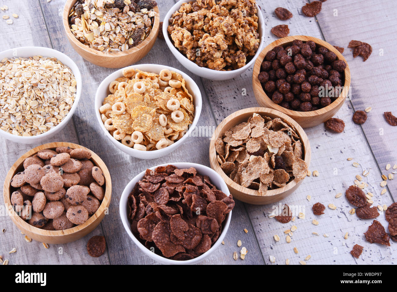 Bowls containing different sorts of breakfast cereal products Stock ...