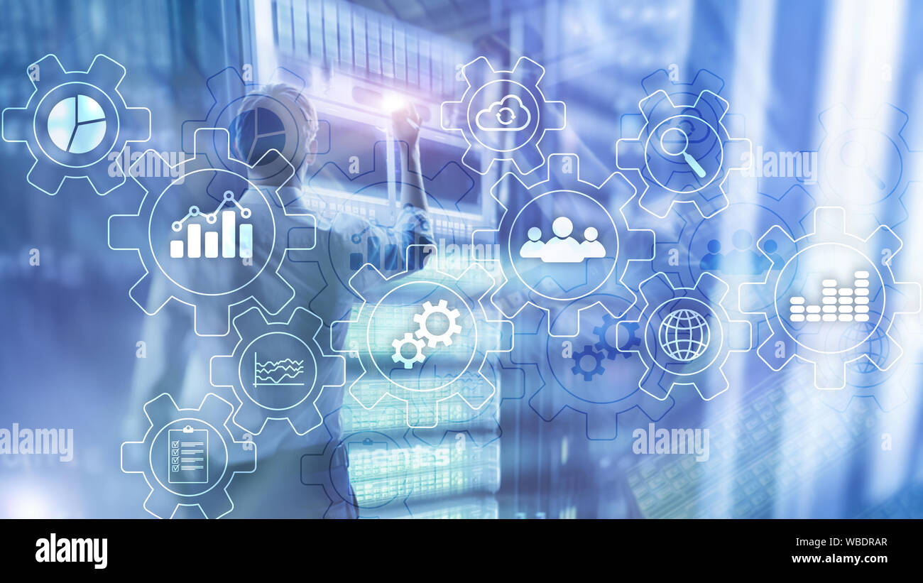 Business process abstract diagram with gears and icons. Workflow and ...