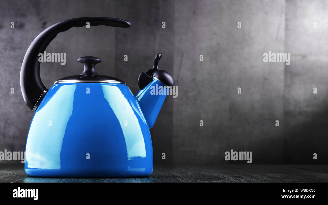 Traditional stainless steel stovetop kettle with whistle of two litres ...