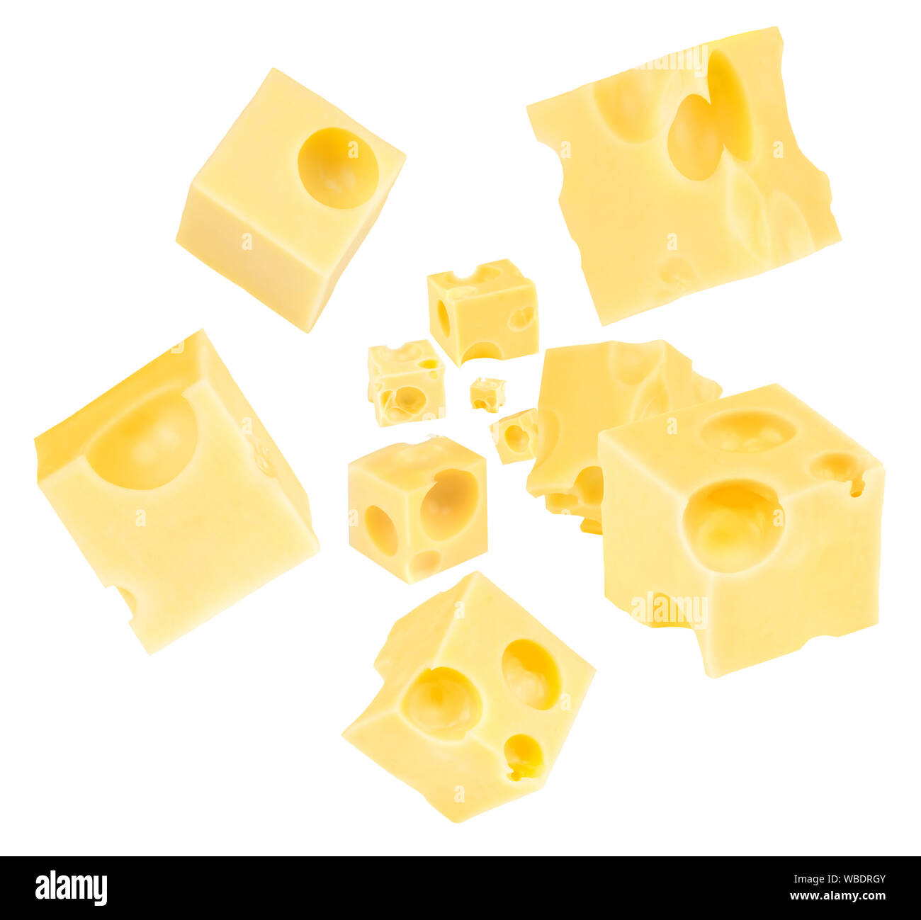 Falling cubes of cheese isolated on white Stock Photo - Alamy