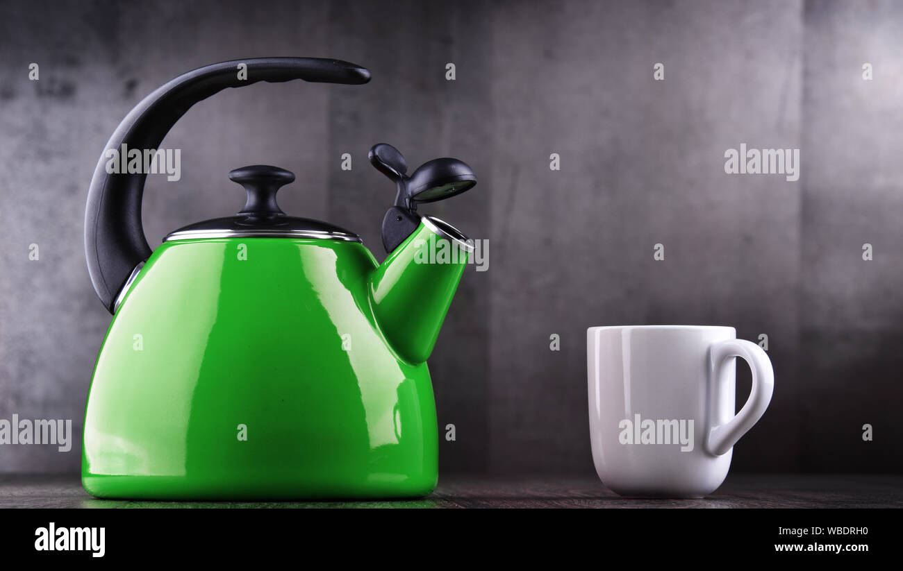 Traditional stainless steel stovetop kettle with whistle of two litres ...