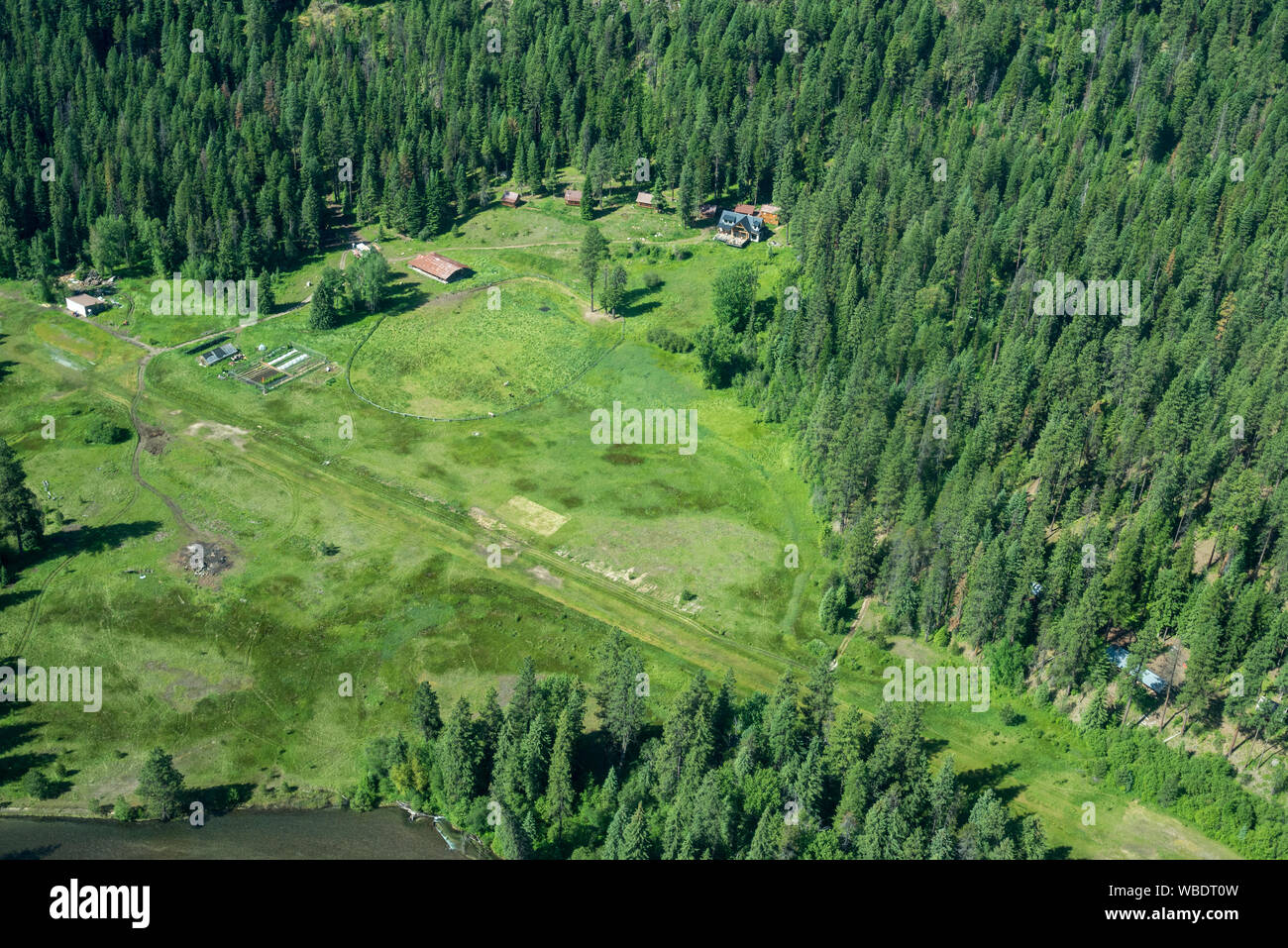 Aerial view of the Minam River Lodge in Oregon's Wallowa Mountains ...