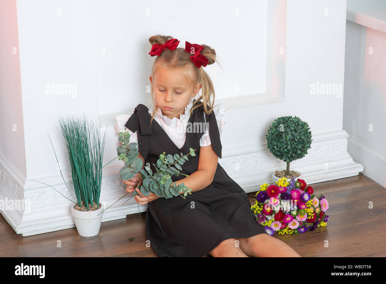 Portrait of beautiful young first-grader. First-grader girl in the ...